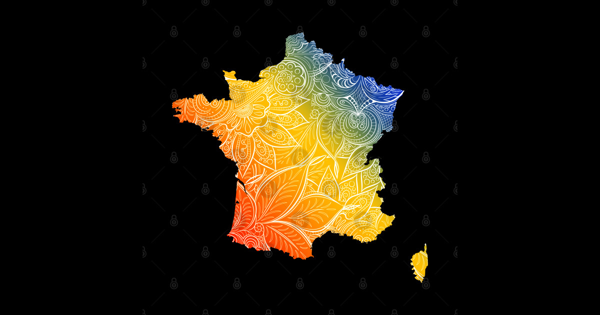 Colorful mandala art map of France with text in blue, yellow, and red ...