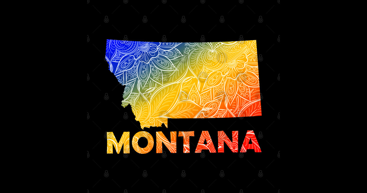 Colorful mandala art map of Montana with text in blue, yellow, and red ...