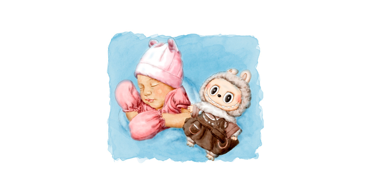 Cute baby portrait with Labubu monster toy watercolor painting - Cute ...