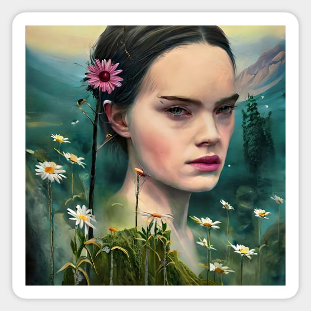 Portrait of pretty young face with daisies - Face - Sticker | TeePublic