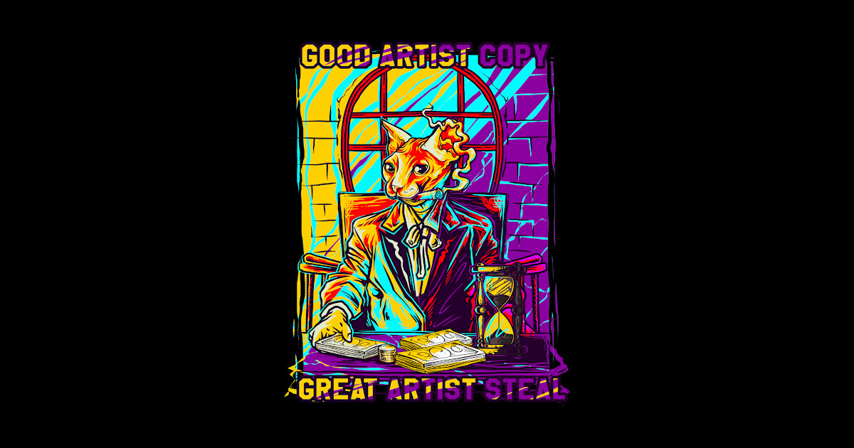 A charming poster displaying a cat seated at a desk, exuding a sense of ...