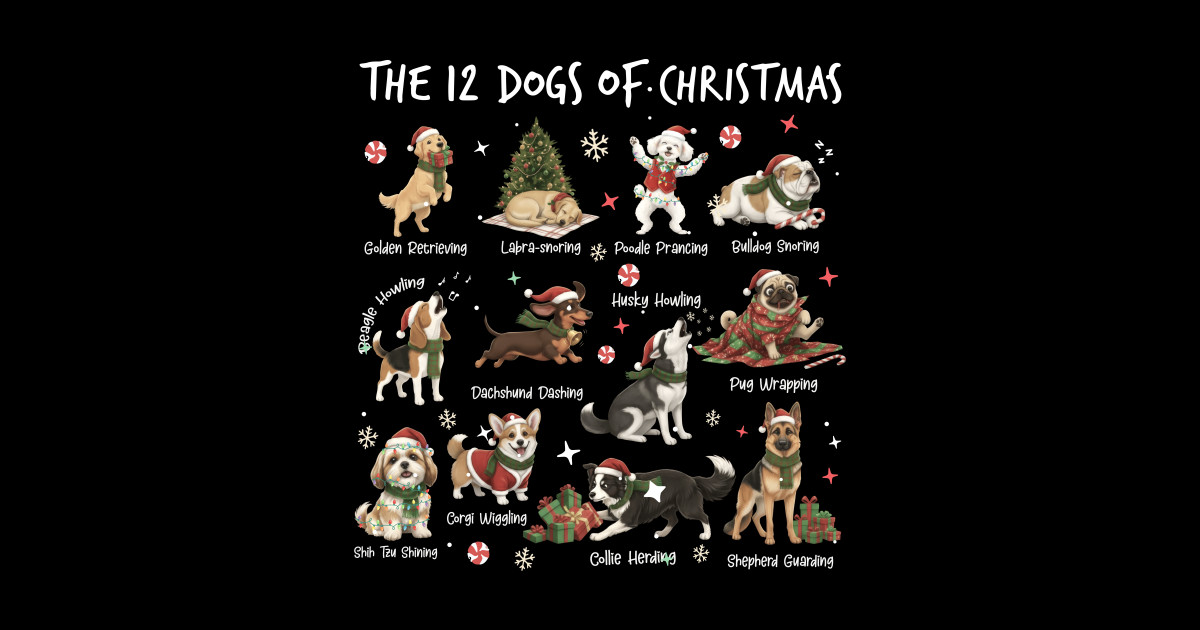 Twelve Festive Dogs Christmas Cute Holiday Cartoon Pet Lover Design ...