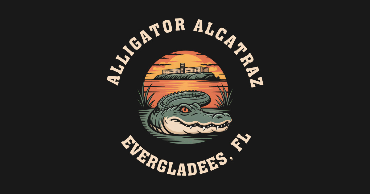 Retro Alligator Alcatraz Graphic – Bold Wildlife Badge with Sunset and ...
