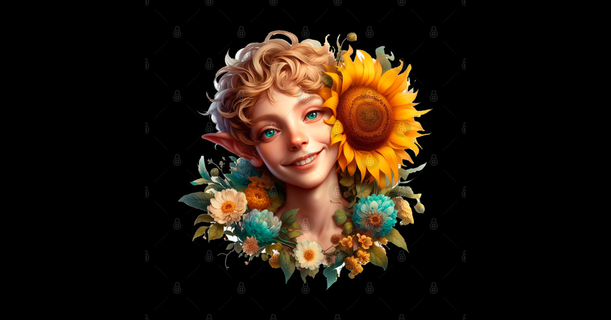 smiling elf with showy flowering sunflower - Elf Costume - Sticker ...