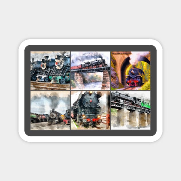 Steam Locomotive Watercolor Collage - Steam Locomotive - Magnet | TeePublic