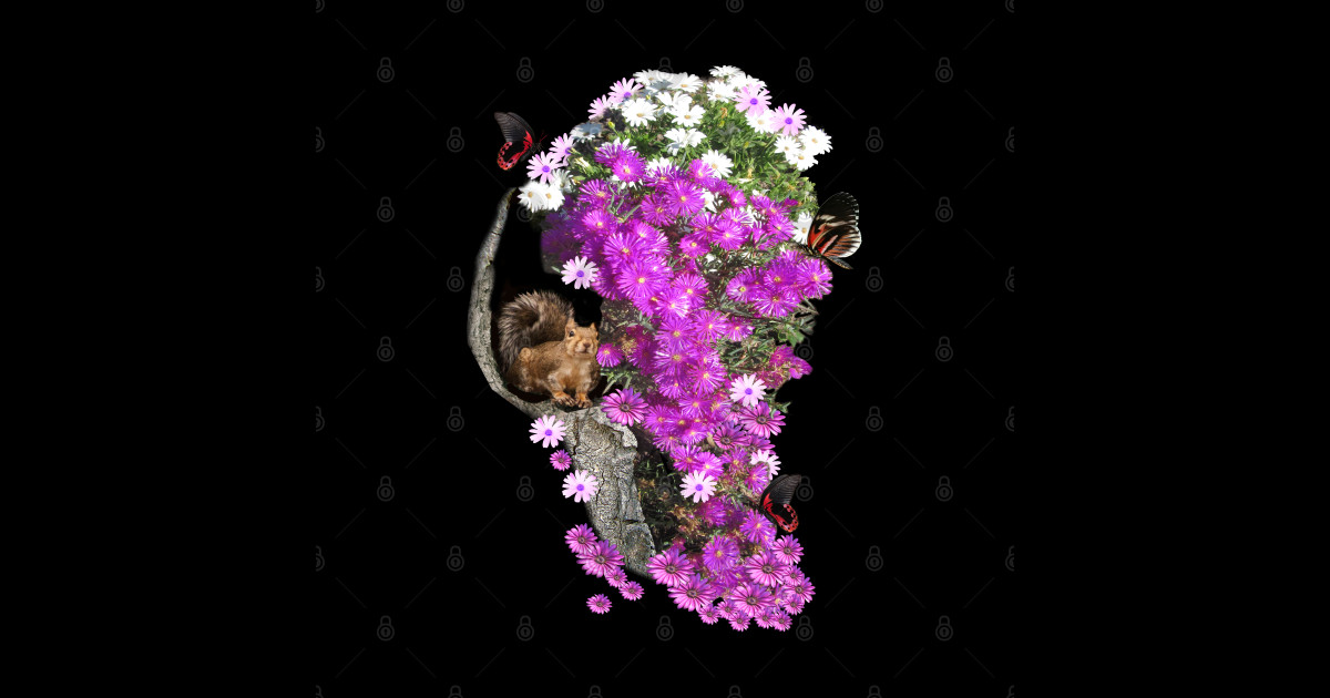 Flowering Fygies & Chipmunk Squirrel in a Tree - Pink Flowers Artwork ...