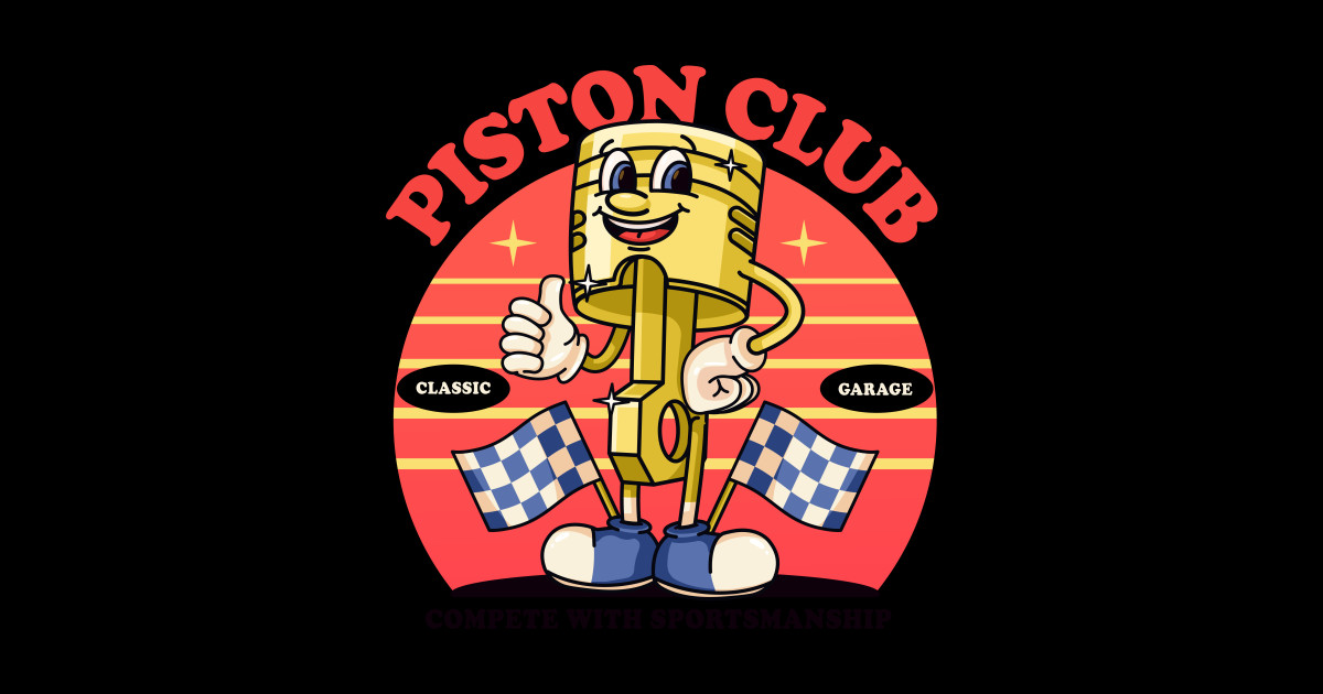 Piston club, piston mascot character with race flag - Motorcycle ...