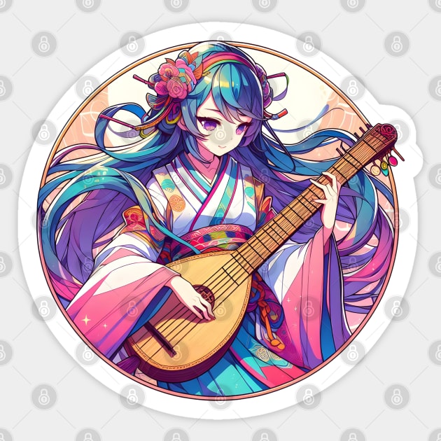 Anime girl playing a lute - Lute - Sticker | TeePublic