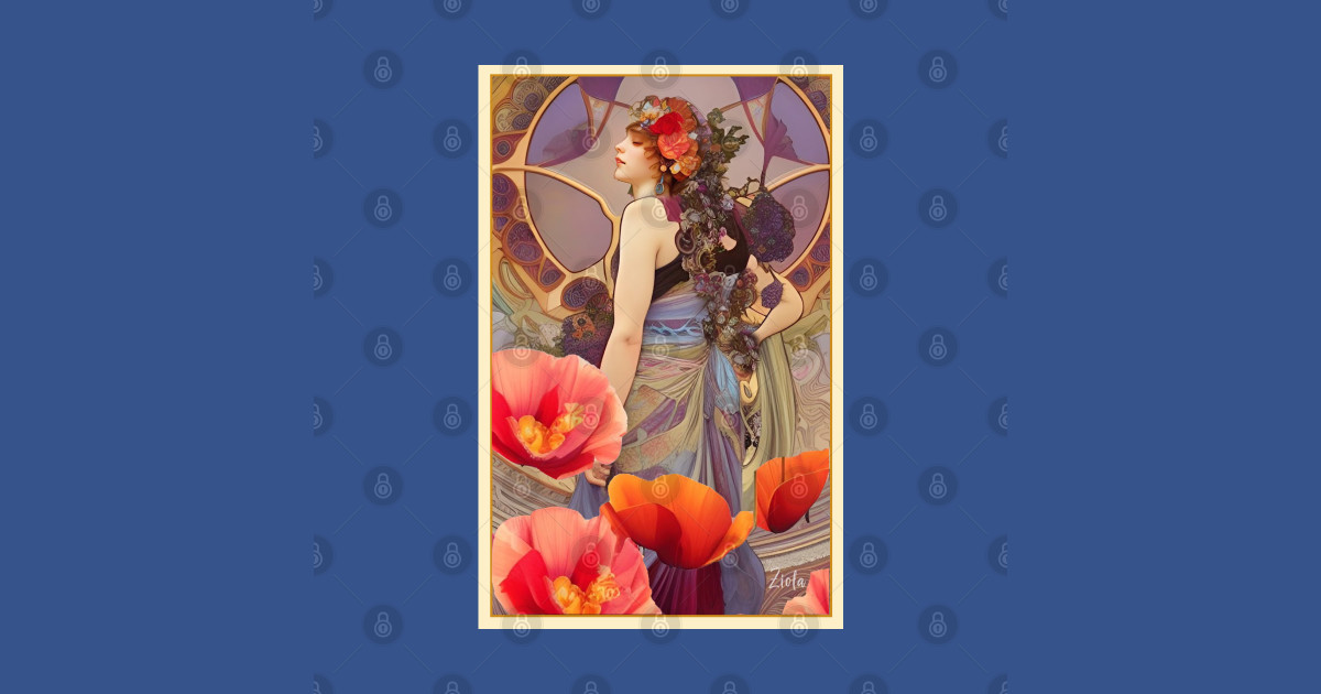 Pretty poppy floral painting of a Art Deco hippie Fatima belly dancer ...
