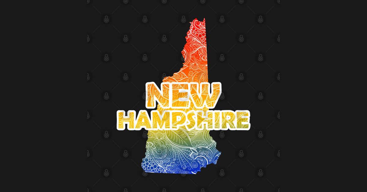 Colorful mandala art map of New Hampshire with text in blue, yellow ...