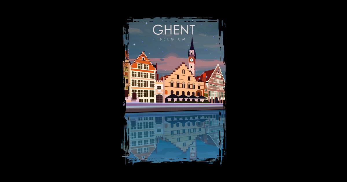 Ghent Blegium Vintage Minimal Retro Travel Poster at Night - Ghent ...