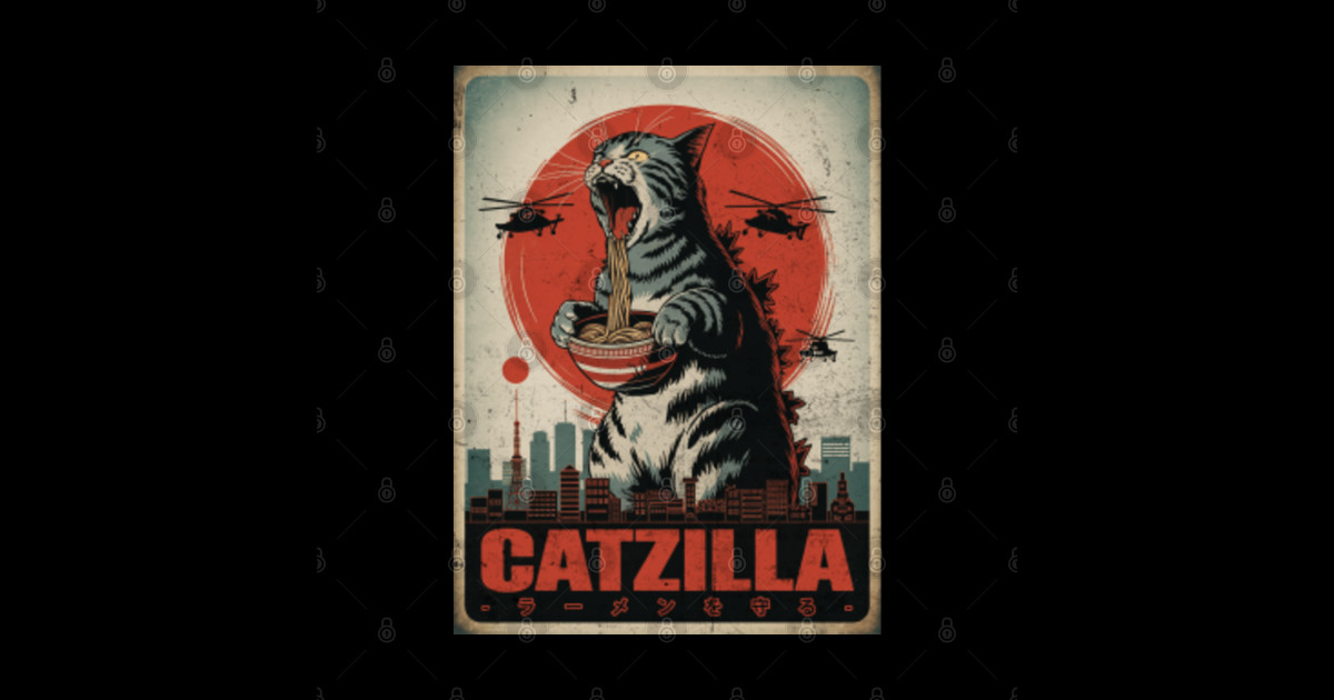 Catzilla Ramen Guard Giant Cat Protects Noodles Retro Tokyo Art ...