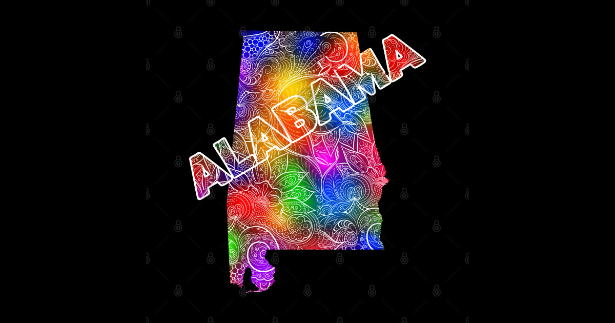 Colorful mandala art map of Alabama with text in multicolor pattern ...