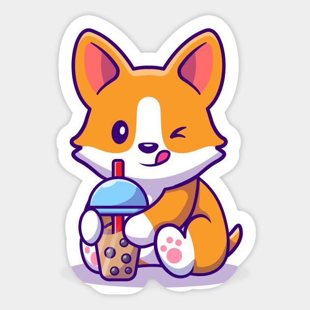 Cute Corgi Drink Milk Tea Boba - Corgi - Sticker | TeePublic