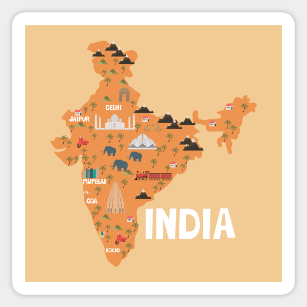 India Illustrated Map - India - Sticker | TeePublic