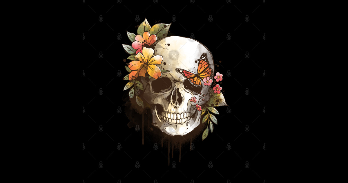 Spring skull watercolor - Skull - Sticker | TeePublic
