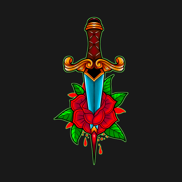 Traditional Inspired Rose bleeding Dagger - Tattoo Style - T-Shirt ...