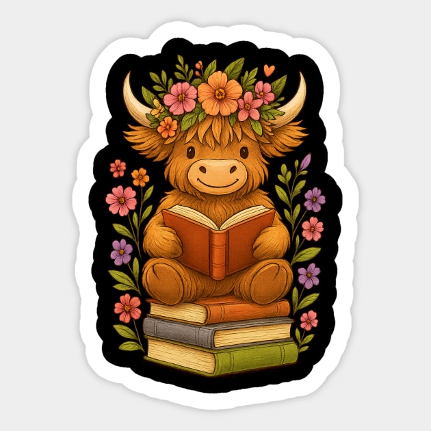 Sweet Highland Cow Reading Book Cute Baby Bookworm Art - Highland Cow ...
