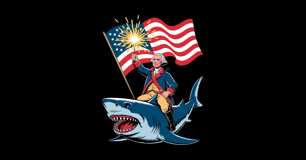 Washington Riding Shark Funny July 4th American Flag T-Shirt ...