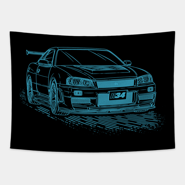 Nissan Skyline GTR R34 Lineart Blueprint - Nissan Gtr - Tapestry ...