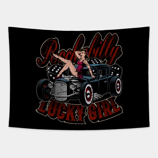 Rockabilly Hot Rod Pinup Lucky Girl - Rockabilly - Tapestry | TeePublic