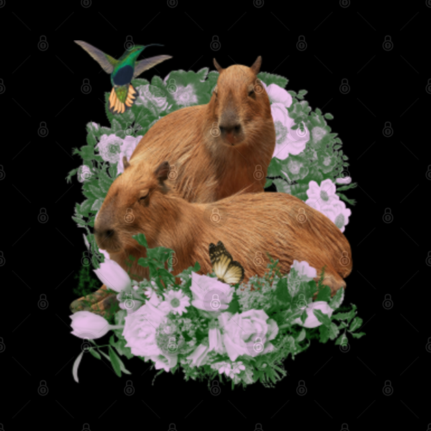Capybara Animal With Flowers - Capybara - Pin | TeePublic
