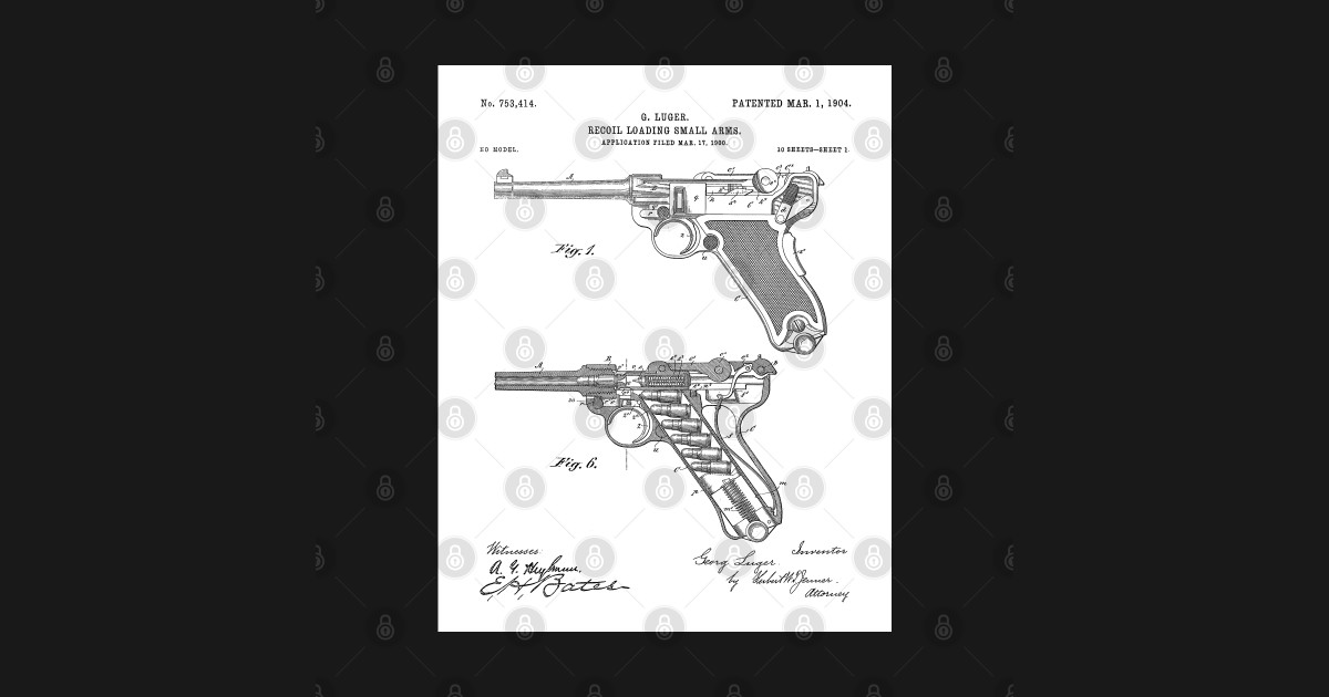 Luger Pistol Firearms Patent - Gun Lover Vintage Guns Art - White ...