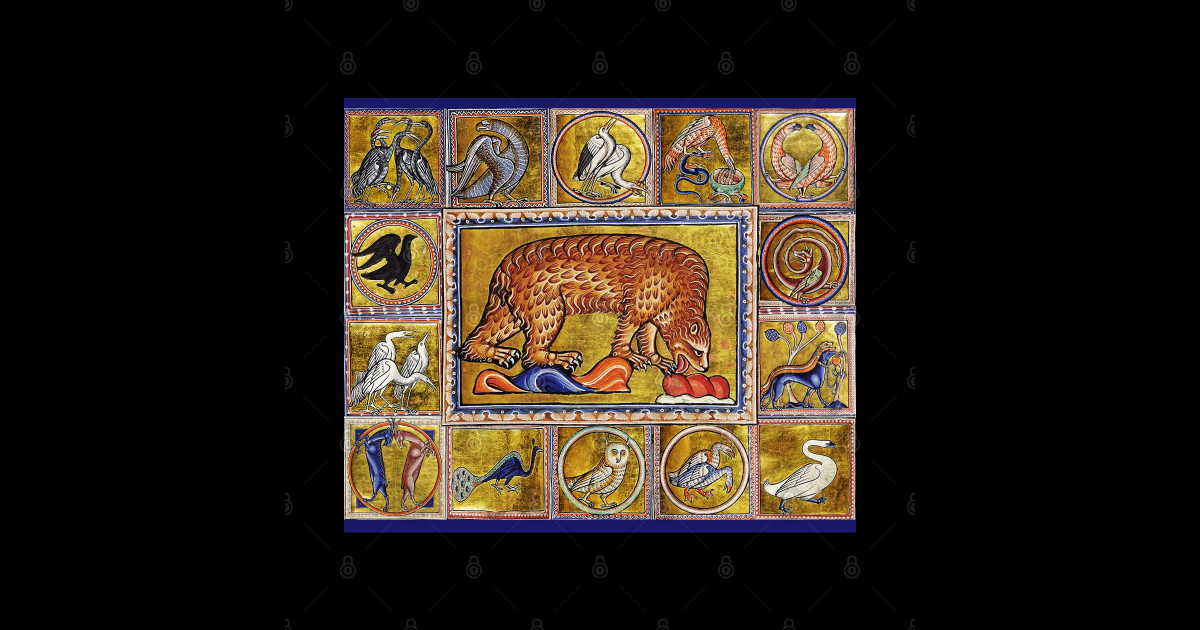MEDIEVAL BESTIARY,BEAR, FANTASTIC ANIMALS IN GOLD RED BLUE COLORS ...