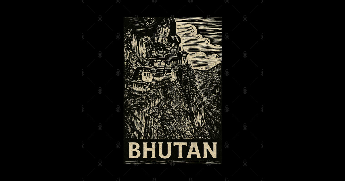 Bhutan Linocut Style - Bhutan - Sticker | TeePublic