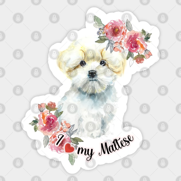 I love my Maltese Cute Maltese Puppy with Flowers Watercolor Art - I ...