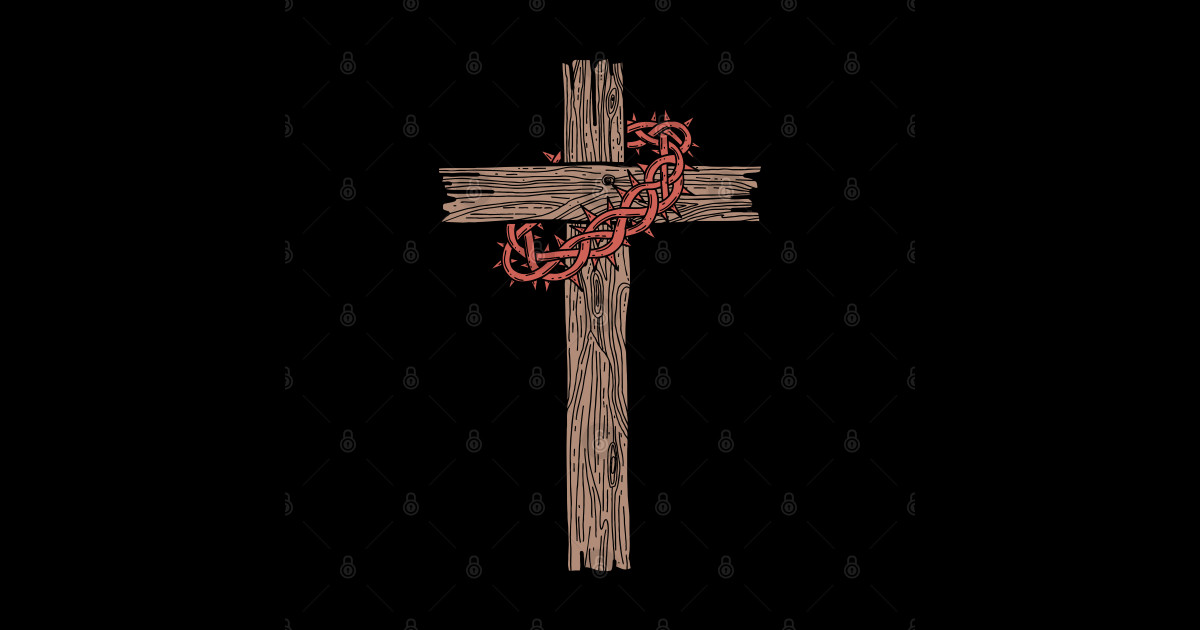A wooden cross with a crown of thorns - Wooden Cross - Sticker | TeePublic