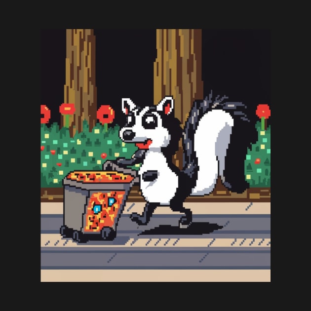 pixel art skunk pushing trash can with pizza - Ai Art - T-Shirt | TeePublic