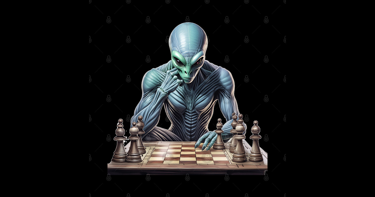 Alien chess player thinking about next move - Alien - Sticker | TeePublic