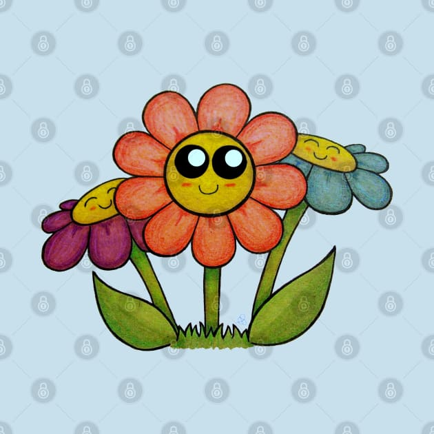 Cute Happy Flowers - A Red, Purple and Blue Flower - Kawaii Flowers - T ...