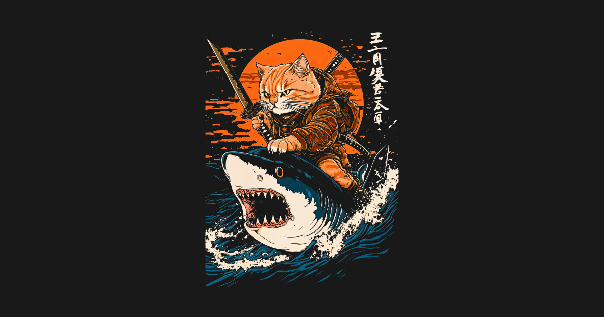 Samurai Cat On A Shark Japanese Cute Kawaii Cat Animal Lover - Samurai ...