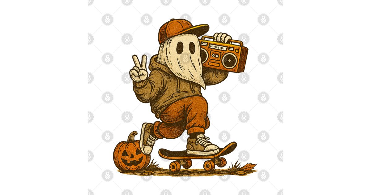 Retro ghost Skateboard Halloween Funny Ghost Boombox Hip-hop - Ghost ...