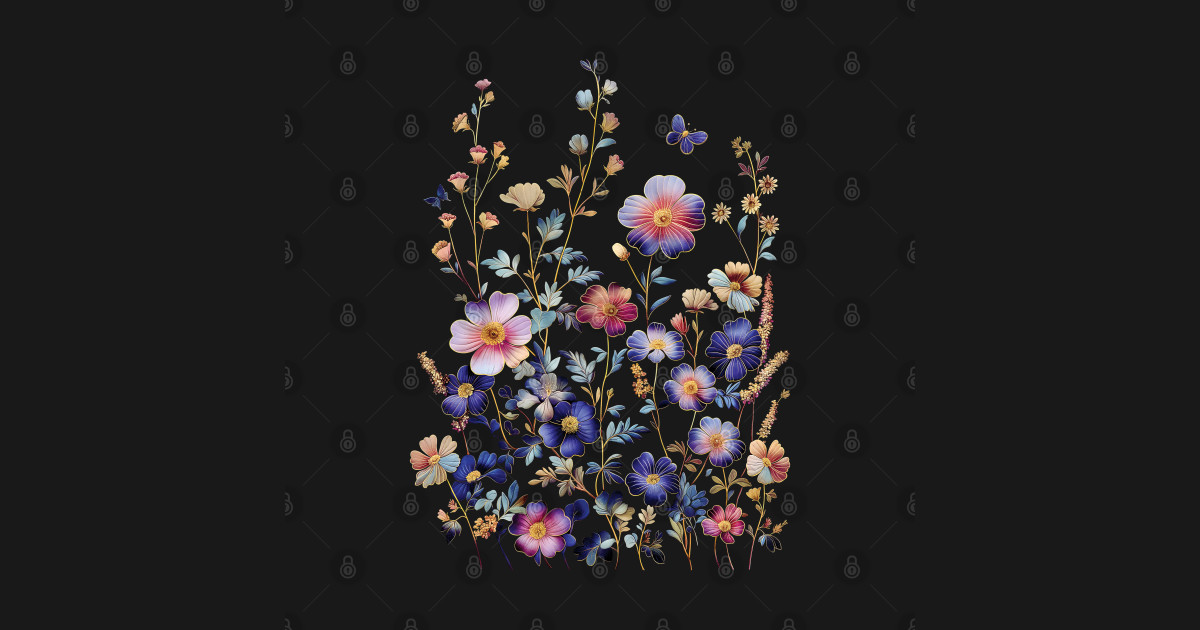 Violet Fantasy Flowers And Golden Leaves - Fantasy Flowers - T-Shirt ...