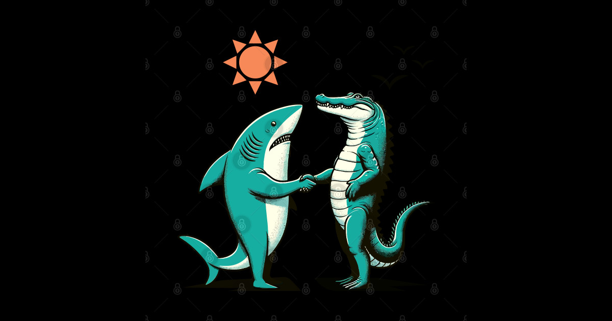 A shark and an alligator shaking hands - Handshake - Posters and Art ...