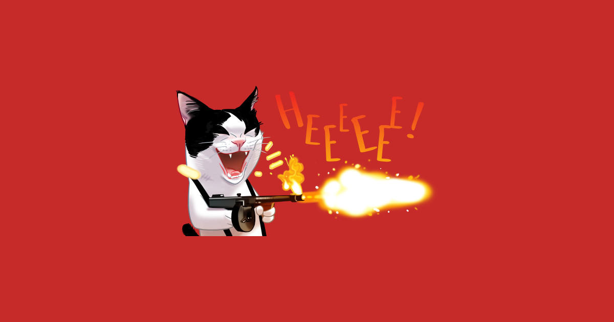 Black and white cat shooting a gun Heeeeeeeee! - Cat - T-Shirt | TeePublic