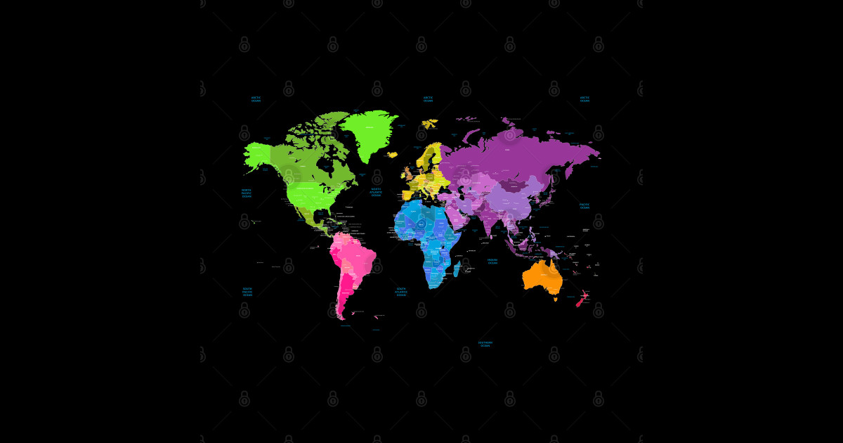 Bright World map listing capital cities - Bright World Map - Posters ...