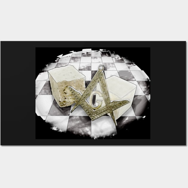 Masonic symbols, with chess board, square and compass, G letter and ...