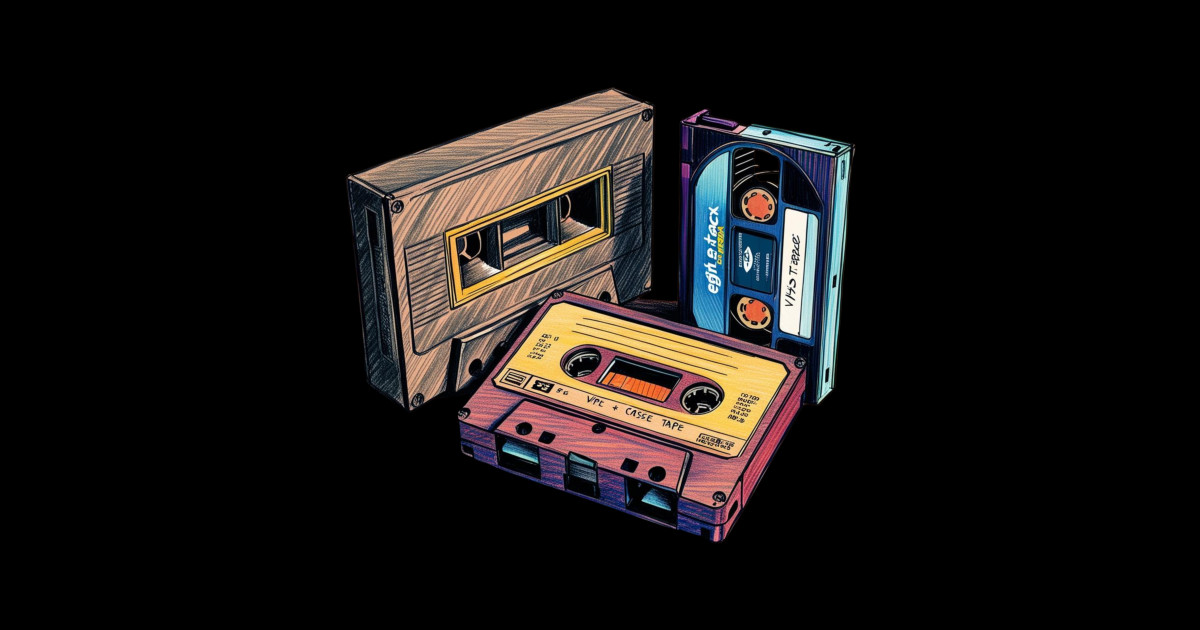 8 track, cassette tape, and a VHS - Vintage - Sticker | TeePublic