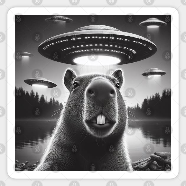 Capybara selfie with UFO - Capybara - Sticker | TeePublic