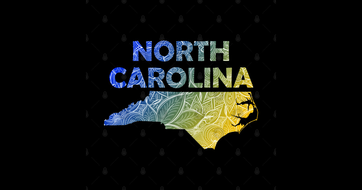 Colorful mandala art map of North Carolina with text in blue and yellow ...