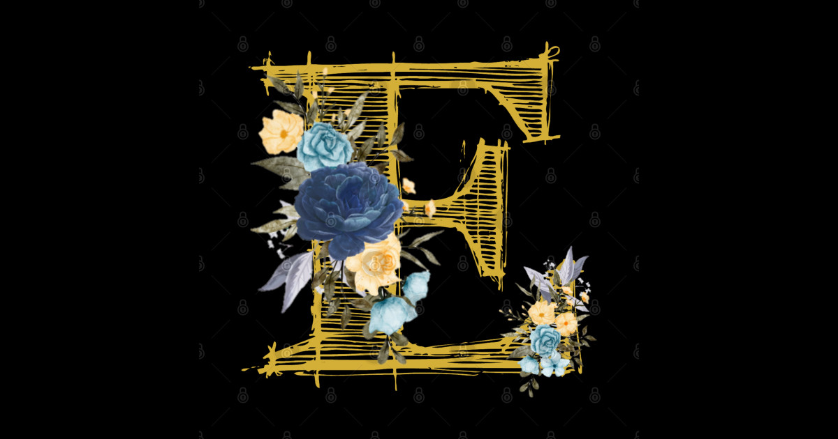 Monogram Letter E In Metallic Gold With Aesthetic Blue Flowers Botany ...
