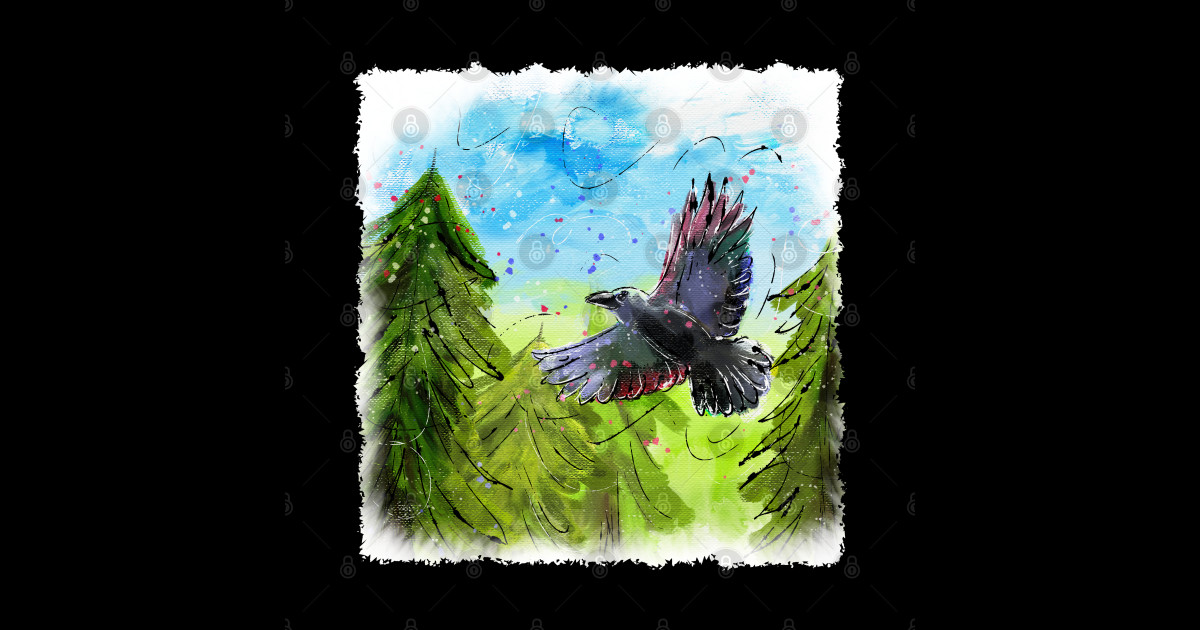 Happy Raven flying through the forest - Raven - Sticker | TeePublic