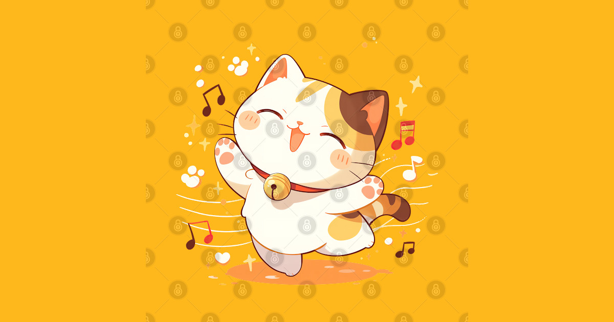 Happy Calico Cat Dancing to Music - Cute Kawaii Illustration - Calico ...