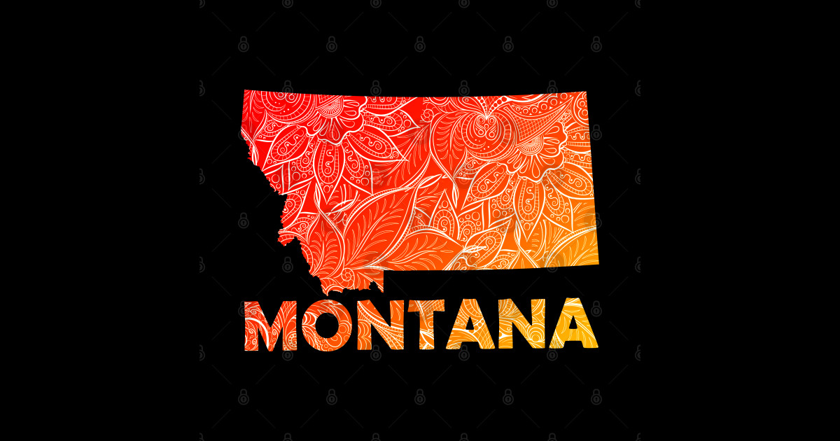 Colorful mandala art map of Montana with text in red and orange ...