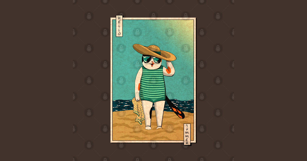 Hello, Summer // Calico Cat On The Beach / Retro Poster Beach Vibe ...