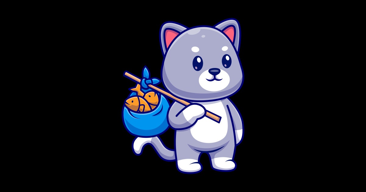Cute Cat Bring Fish With Bag Cartoon - Cute Cat Bring Fish With Bag ...